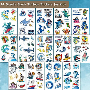 CHARLENT Summer Shark Tattoos for Kids - 14 Sheets Shark Pool Party Temporary Tattoos for Boys Birthday Party Favors Goodie Bag Fillers