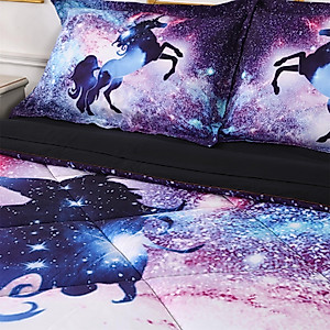 Wowelife Unicorn Twin Comforter Set for Girls 5 Pieces Blue Galaxy Bedding Set Unicorn Bed Set Twin Size Kids Bed in a Bag with Comforter, Flat Sheet, Fitted Sheet and 2 Pillowcases