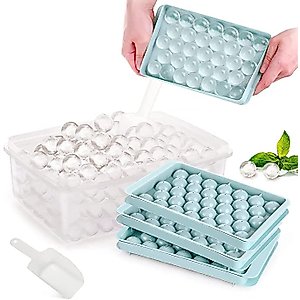 SCEssentials Round Ice Cube Tray with Lid Bin Ball Maker Mold for Freezer Container Mini Circle Making 99 piece Sphere Chilling Cocktail Whiskey Tea Coffee 3 Trays 1 Bucket Scoop total PACKS Blue