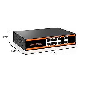 Unmanaged 8 Port Gigabit PoE+ Switch with 2 Gigabit Uplink,802.3af/at Compliant,150W Built-in Power, Metal Plug and Play