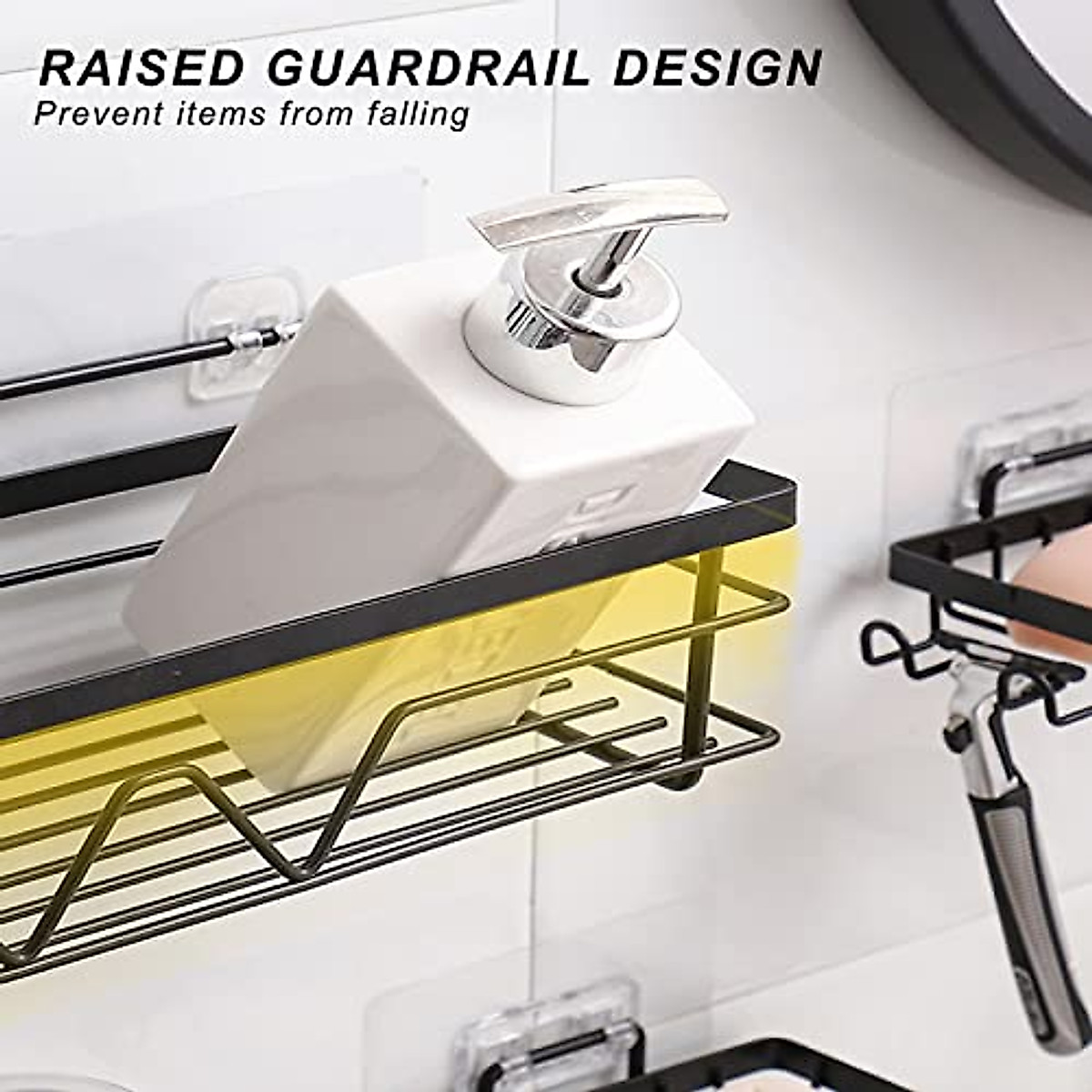 Shower Caddy Basket, Adhesive Shower Shelves with 3 Hooks/1 Soap Holder, No Drilling Bathroom Storage Organizer Rack Stainless Steel Black Shower Self for Inside Shower, Kitchen, Restroom, Toilet