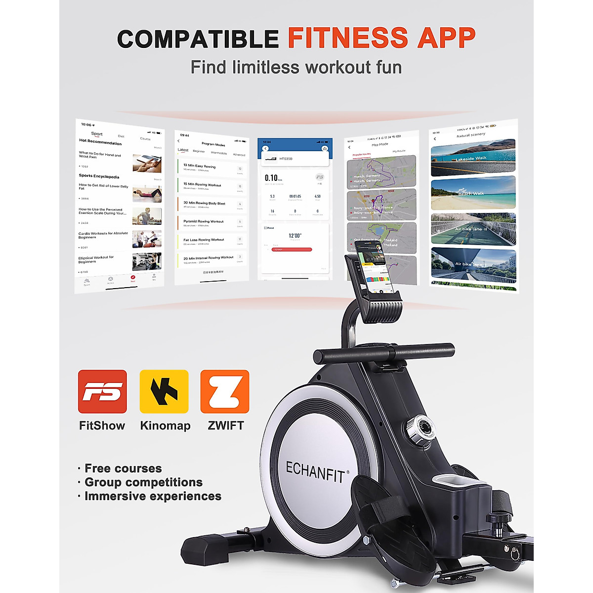 ECHANFIT Magnetic Rowing Machine with 350 LB Max Capacity Foldable Rower for Home Use, Bluetooth Fitness App with LCD Monitor for Full Body Workout