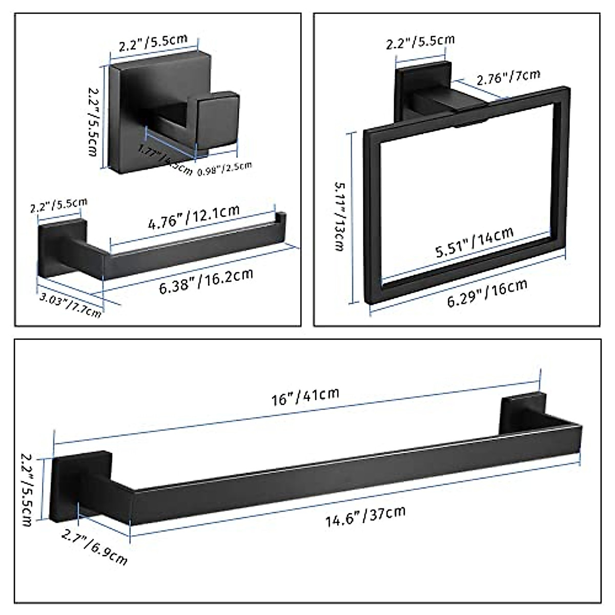 8-Piece Bathroom Hardware Accessories Set, Towel Bar Sets Include Towel Bar Towel Holder Toilet Paper Holder Towel Hook,16 inch Bath Accessories Kit，Matte Black,2 Pack