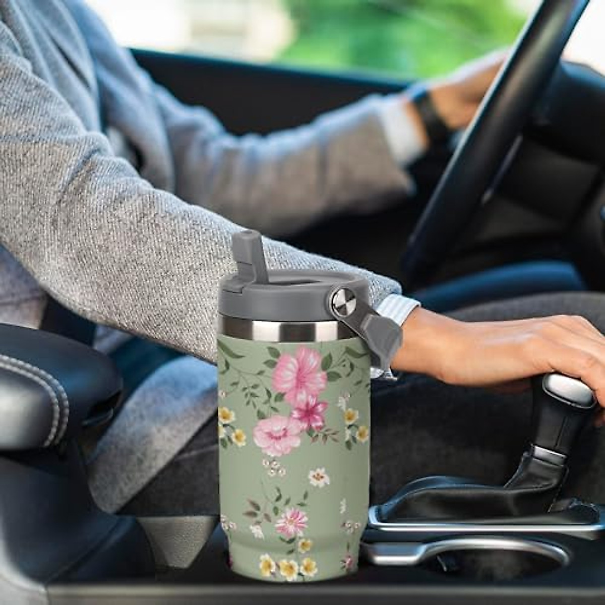 GemGam Stainless Steel Tumbler with Lid And Straw 30 Oz Top Handle Pink Vintage Flower Summer Leakproof Vacuum Insulated Water Bottle for Car Travel Tropical