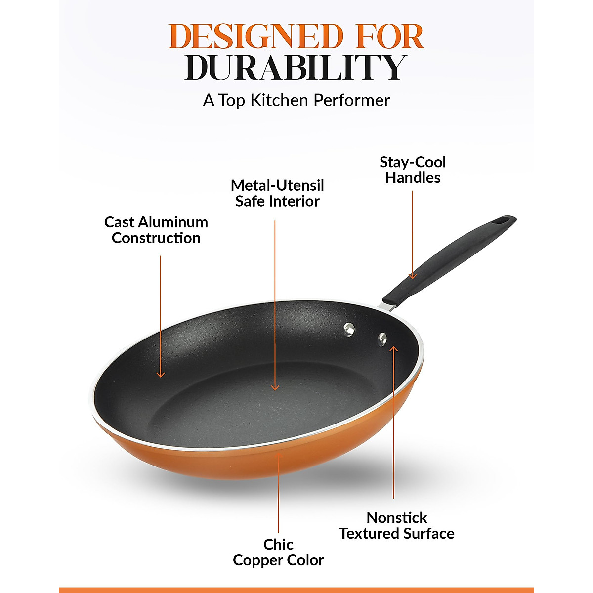 GOTHAM STEEL Copper Cast Frying Pan Set, 3 Piece Nonstick Copper Fry Pans, 8”, 10” & 12” Nonstick Frying Pans, Nonstick Skillet Set, Omelet Pan, Cookware, PFOA Free, Dishwasher Safe Cool Touch Handle