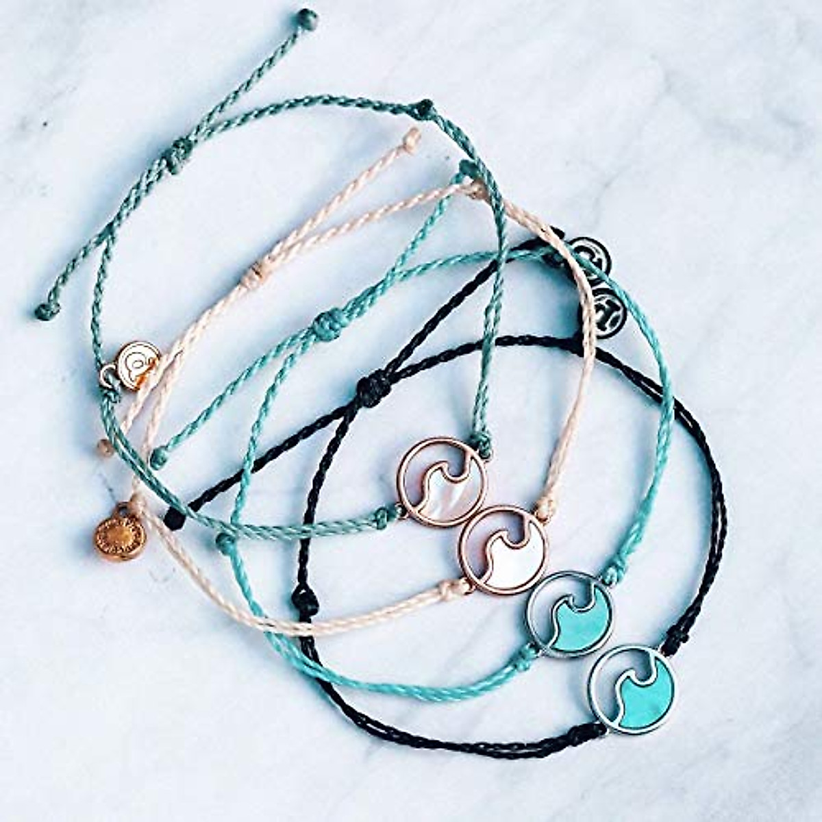 Pura Vida Rose Gold Stone Wave Bracelet w/Plated Charm - Adjustable Band, 100% Waterproof - Vanilla