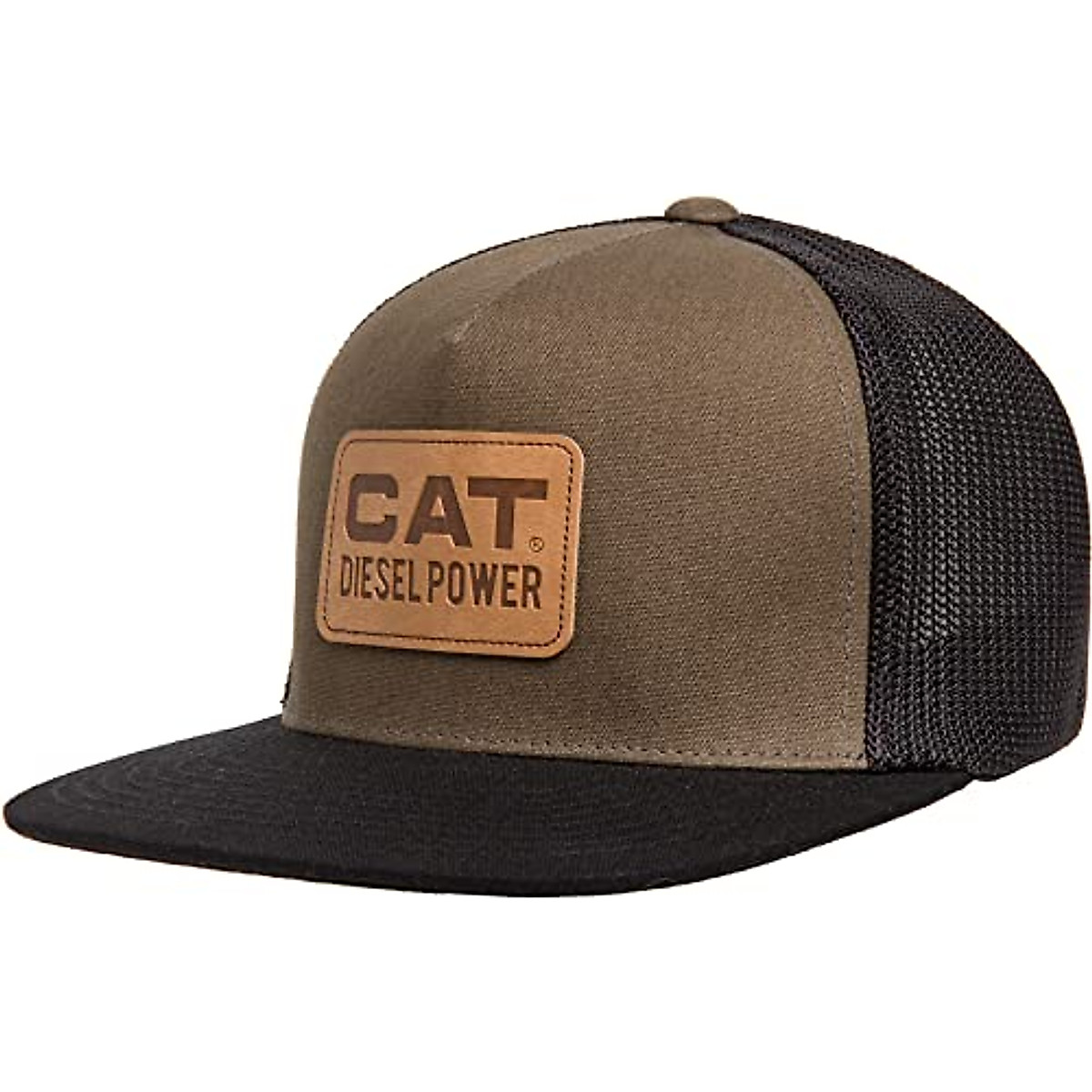 Caterpillar Men's Leather Diesel Power Flat Bill Cap, Army Moss, Large-X-Large