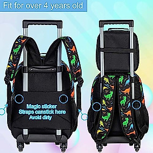 FTJCF 3PCS Rolling Backpack for Boys, Kids Dinosaur Roller Bookbag with Wheels, Wheeled School Bag Set for Elementary - Black