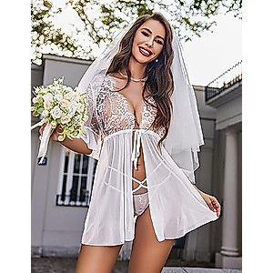 Avidlove womens lingerie robe Women Lingerie Open Front Babydoll Lace Chemise Sleepwear Sheer Mesh Robe Lace Lingerie Robe White M