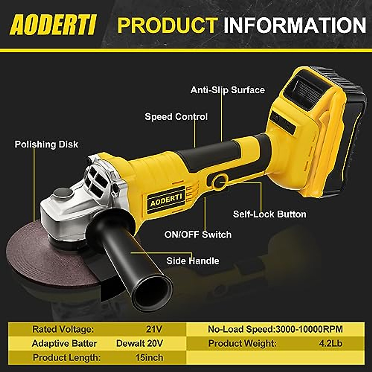 Cordless Angle Grinder for DEWALT 20V Max Battery, 10000RPM Brushless Motor Grinder Tool, 4-1/2'' Blade, Electric Grinders Power Tools with Grinding Wheels, Flap Disc and Auxiliary Handle (Tool Only)