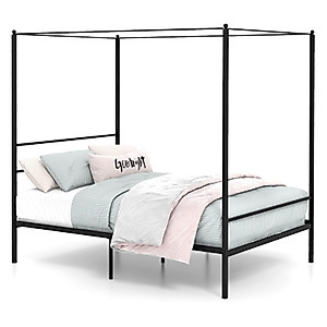 GOFLAME Full Size Metal Canopy Platform Bed Frame, Modern Canopy Bed with 4 Posters, Underbed Storage, Mattress Foundation with Steel Slat Support and Headboard, Easy Assembly, No Box Spring Needed