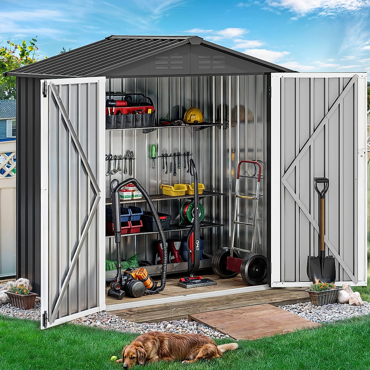DWVO 5.6x3.2ft Metal Outdoor Storage Shed, Waterproof Tool Shed Heavy-Duty Storage Unit with Lockable Door and Vents, Ideal for Bicycles, Tools, Lawnmowers, Backyards, Patios, Lawns - Dark Gray