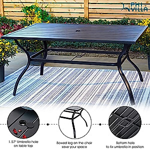 PHI VILLA 7 Piece Outdoor Patio Dining Set for 6, 60” Rectangular Metal Dining Table with Umbrella Hole & 6 Metal Stackable Chairs for Deck, Yard, Garden