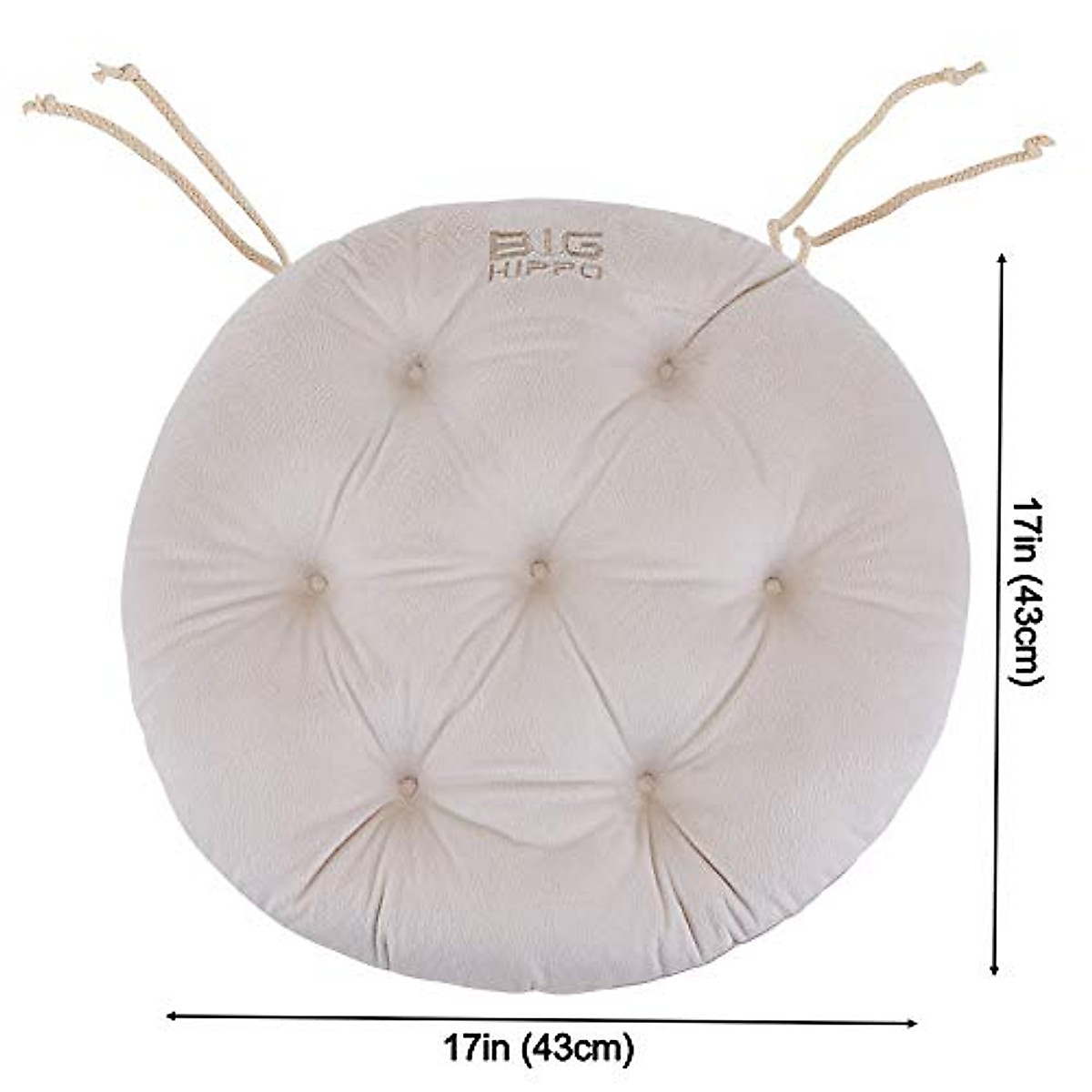 Big Hippo Chair Pads with Ties, Soft 17-Inch Round Thicken Chair Pads Seat Cushion Pillow for Garden Patio Home Kitchen Office or Car Sitting(Beige)