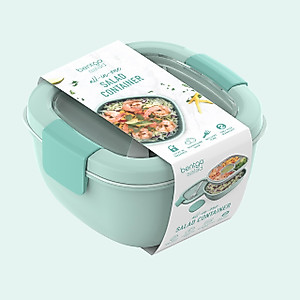 Bentgo Salad Container - 54 oz Bowl with 4-Compartment Toppings Tray, Leak-Proof Dressing Container, Reusable Fork, BPA-Free Lunch Box for Meal Prep & Food Storage; Removable Bento Tray (Coastal Aqua)