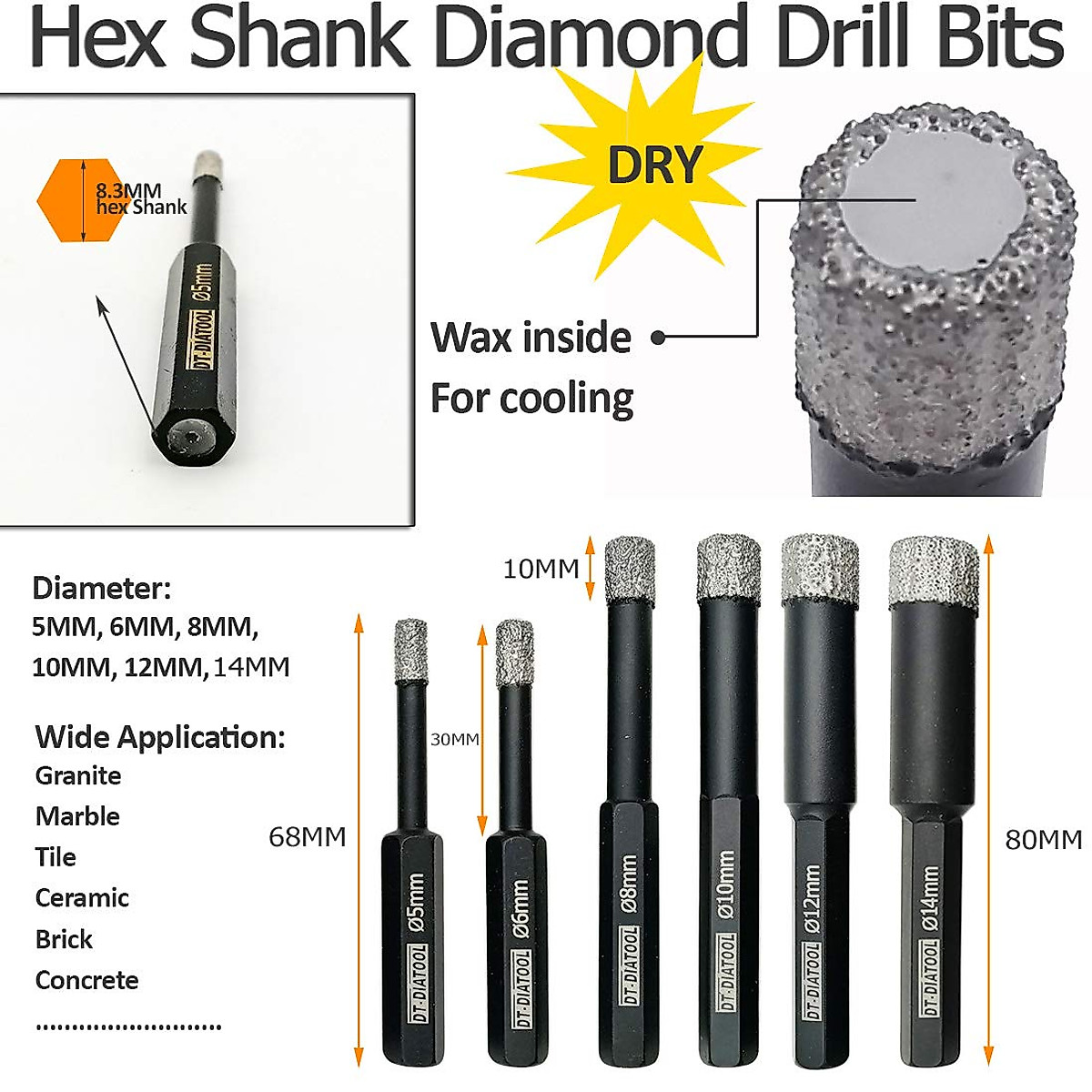 5mm Dry Diamond Drill Bits for Tile Porcelian Marble Granite Brick with Hex Shank Pack of 2 by DT-DIATOOL