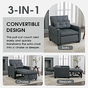 NIOIIKIT Convertible 3-in-1 Pull Out Bed, Leather Upholstered Single Sleeper Sofa Bed with USB Ports, Cup Holders & Side Pockets, Lounge Chaise for Living Room (Light Grey Leather)