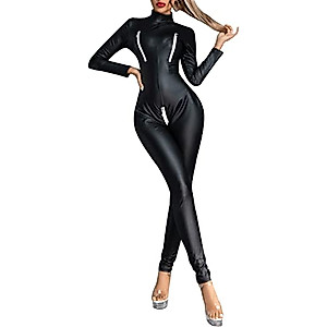 Womens Sexy Black Catsuit Long Sleeve Wetlook Jumpsuit One Piece Zipper Front Bodycon Outfits Fashion Latex Clubwear for Party M