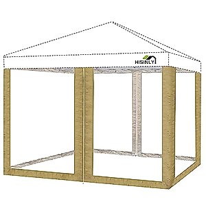 Hisinly Canopy Mesh Sidewalls for 10x10 Pop Up Canopy, 300D Oxford Fabric with Silver Caoting, Sidewall Netting, 4 Pieces Mesh Sidewalls with Door, Kahki (Canopy Tent NOT Included) (SW-04-4)