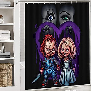 OneFale 4 Pcs Horror Movie Chucky Shower Curtain Set with Non-Slip Rugs, Toilet Lid Cover,Bath Mat and Shower Curtain with 12 Hooks for Bathroom Decor Sets Accessories 70.9X 70.9Inch