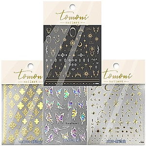 4Sheets 5D Gold Nail Art Stickers Classic Totems Moon Star Butterfly Delicate Nail Art Decal Supplies for Women Salon DIY Acrylic Nails Design (Gold Totems)