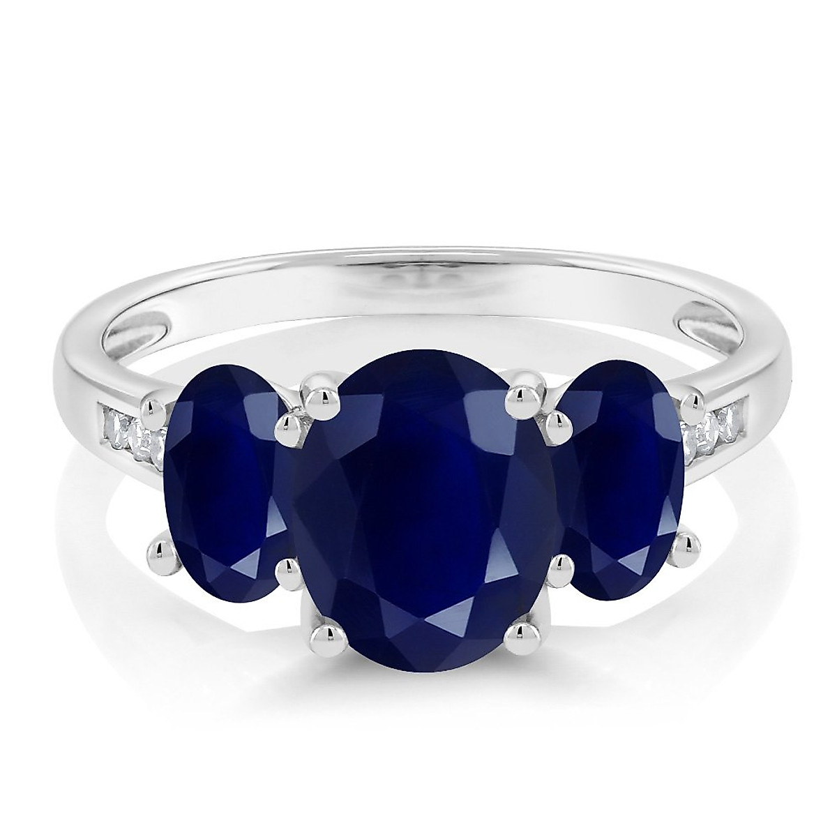 Gem Stone King 10K White Gold Blue Sapphire and White Diamond Oval 3-Stone Engagement Ring For Women (2.89 Cttw, Gemstone September Birthstone, Available In Size 5, 6, 7, 8, 9)