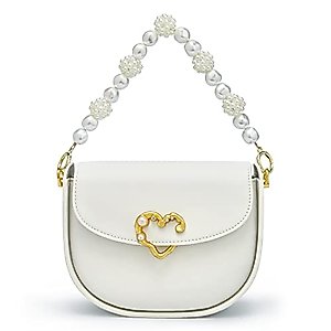 Women's Cowhide Leather Crossbody Handbags with Pearl Handle Adjustable Strap(White)