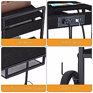 Black Record Player Stand Turntable Stand with Vinyl Storage Wooden Record Player Table with Charging Station 2 Tier End Table for Vinyl Records Album Holder Cabinet Record Shelf on Wheels