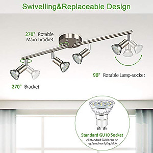 Unicozin LED 4 Light Track Lighting Kit, Matt Nickel 4 Way Ceiling Spot Lighting, Flexibly Rotatable Light Head, Modern Track Light Included 4 x LED GU10 Bulb (4W, Daylight White 5000K, 400LM)