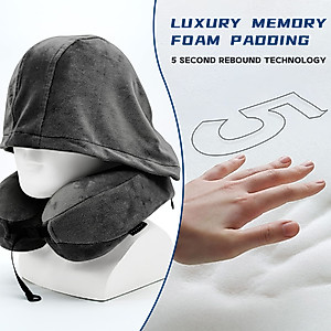 Cuddool Hoodie Travel Neck Pillow - Memory Foam Neck Pillow Head Chin Support Airplane, Car, Office & Home Sleep Rest Traveling Pillow(Black,M)