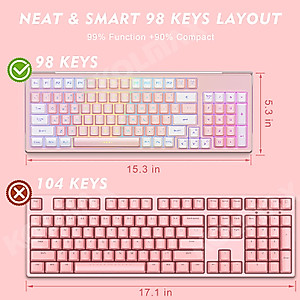 KOLMAX GK98 Wireless Gaming Keyboard,2.4G Rechargeable RGB Pink Gaming Keyboard,RGB Backlit Ergonomic 98 Keys Dual Color Mechanical Feeling Wireless Keyboard for Office Windows PC Mac Game PinkWhite