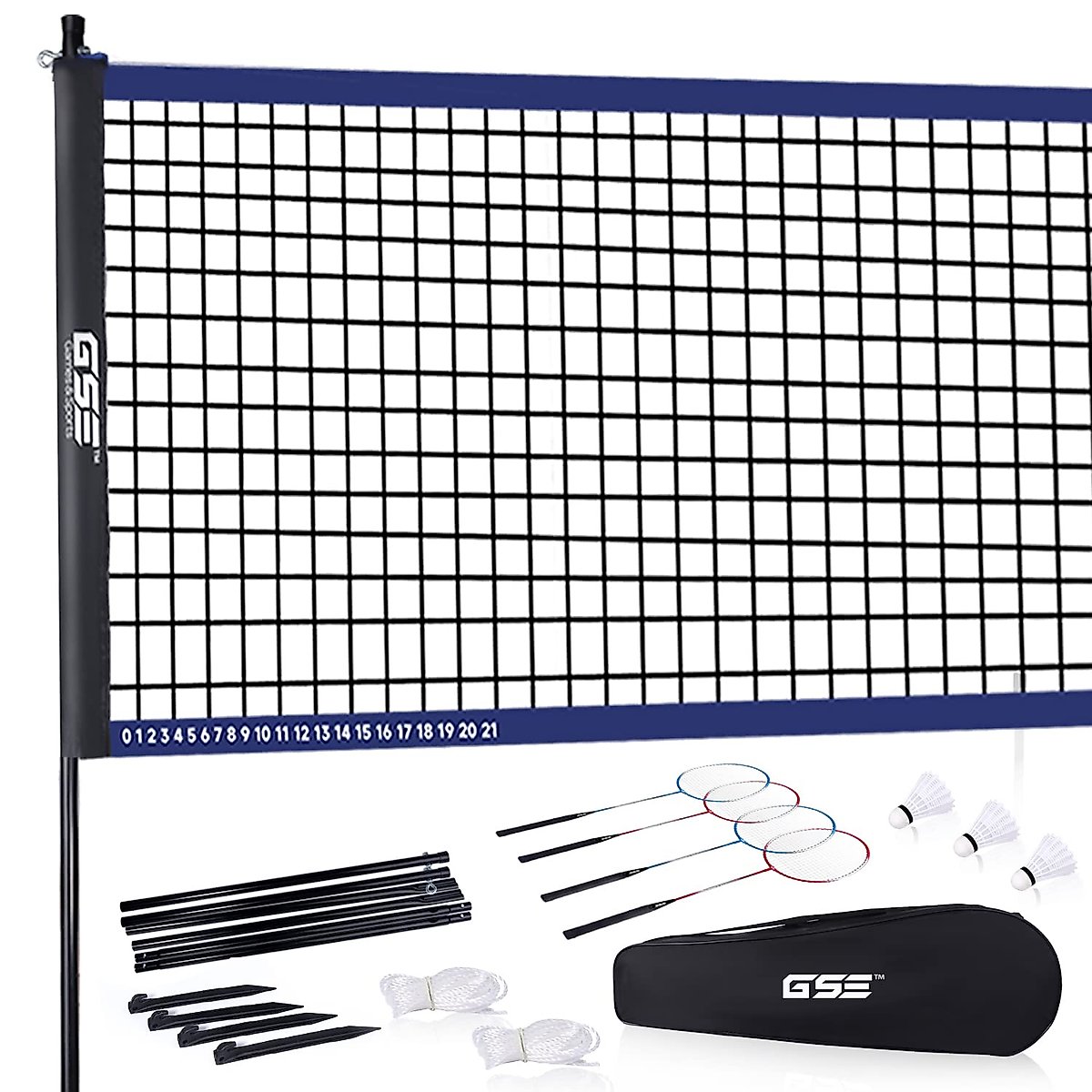 GSE Recreational Badminton Complete Set, Sports Outdoor Net Game Set Including 20'*2' Portable Badminton Net +4 Badminton Rackets+ 3 Shuttlecocks for 2-on-2 Games