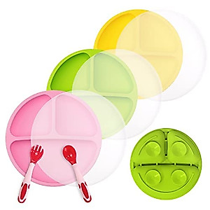 Wee me Suction Plates for Babies & Toddlers - Silicone Plates with Lids and Spoon Fork For Baby, Dishwasher and Microwave Oven Safe, 3 Pack (Green, Pink & Yellow)