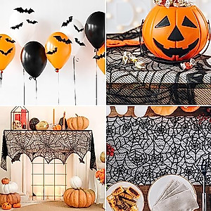 ZeeDix 39 Pcs Halloween Decorations Include Black Lace Spiderweb Round Tablecloth, Fireplace Scarf, Rectangle Table Runner and 36 Bats Wall Stickers for Halloween Home Party Decor