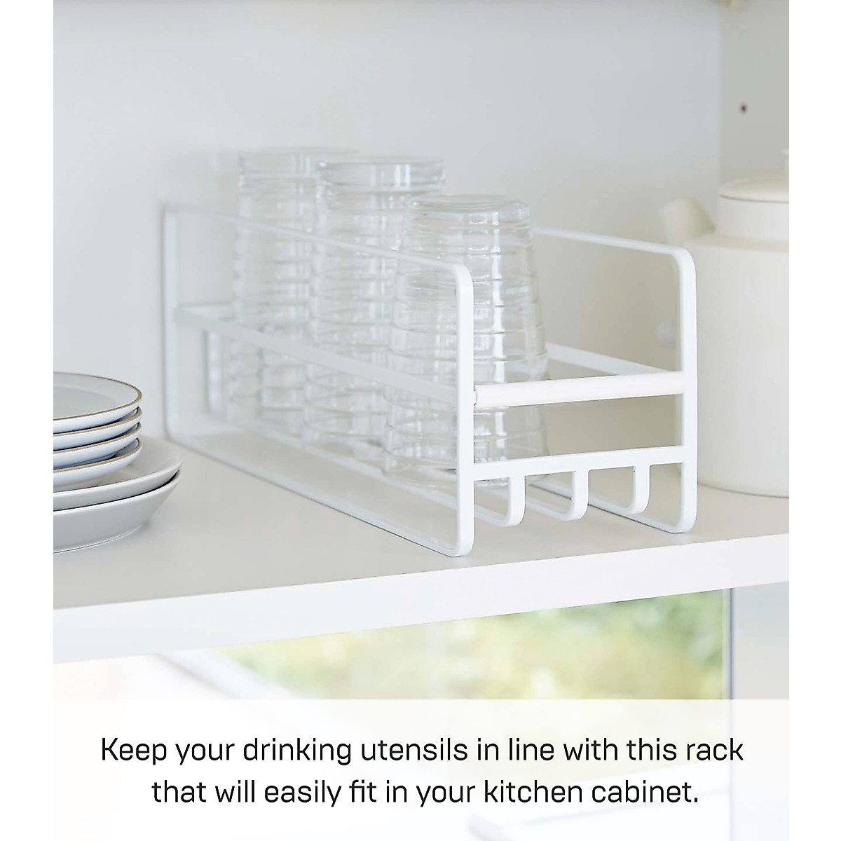 Yamazaki Home Mug Cabinet Organizer, Coffee Cup Holder for Kitchen, Glass and Bottle Stand for Drawer, Metal with Silicone Handle | Steel, One Size, White