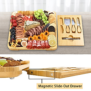 VaeFae Cheese Board and Knife Set, Bamboo Charcuterie Board with Magnetic Slide-Out Drawer and 2 Ceramic Bowls