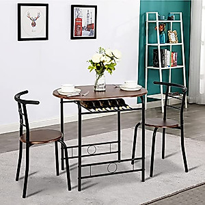 VINGLI 3 Piece Dining Set,Small Kitchen Table Set for 2,Breakfast Table Set for 2,Kitchen Wooden Table and 2 Chairs for Small Space/Dining Room/Apartment,Metal Frame,Wine Rack,Black&Walnut