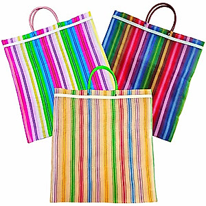 Pack Set of 3 Large Mexican Mercado Tote Bags (Bolsas de Mercado / Bolsa Mandado) Mexican Market Bag in Assorted Colors Ecofriendly Reusable Grocery Shopping Bags, Colorful Net Mesh Market Bags