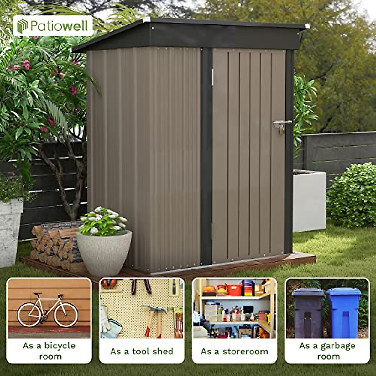 Patiowell 5x3 FT Outdoor Storage Shed, Garden Tool Shed with Sloping Roof and Lockable Door, Metal Shed for Backyard Garden Patio Lawn, Brown