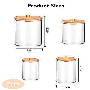 BAOFUFU 2 Pieces Acrylic Qtip Holder with Bamboo Lids, Clear Round Apothecary Jars Bathroom Organizer for Cotton Swab Ball Holds Bathroom Jars Dispenser Restroom Storage 15/20 Ounce
