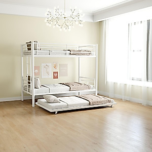 XMRCLP Heavy-Duty Metal Twin Over Bunk Bed with Trundle, Noise Reduced, Safety Guardrail for Bedroom or Guest Room, Kids, 77.00" L, 40.30" W, 61.40" H (White)