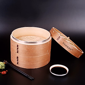 Dasoguy Deepen 10.2 Inch Handmade Wood Steamer with Stainless Steel Rings, 2 Tiers Steam Basket for Dumpling Dim Sum Bun Rice Chinese Food, Present 2 Cotton Liners