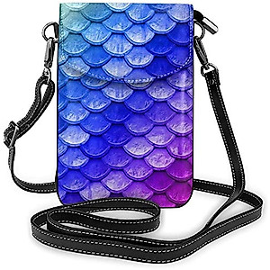 Colorful Rainbow Mermaid Scales Blue Women Soft PU Leather Cellphone Purse Wallet Handbag Small Crossbody Shoulder Bag
