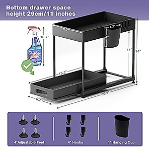 NYYTGE Under Sink Organizer Under Bathroom Cabinet Storage 2 Tier Storage Rack with 4 Hooks, Under Cabinet Organizer Baskets, Multi-purpose Under Sink Shelf Organizer for Bathroom Kitchen