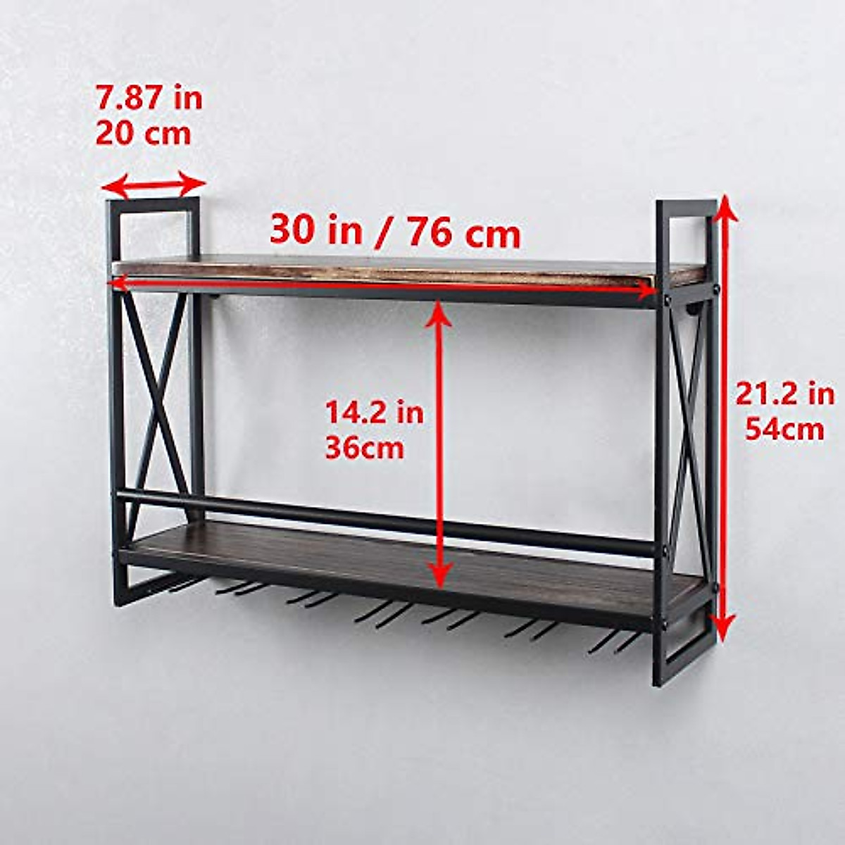 MBQQ Rustic Wall Mounted Wine Racks with 7 Stem Glass Holder,30in Industrial Metal Hanging Wine Rack,2-Tiers Wood Shelf Floating Shelves,Home Room Living Room Kitchen Decor Display Rack,Retro Black