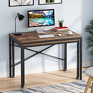Tribesigns Two Person Computer Desk Double, 39" Simple Small Desks for Small Spaces, Large Writing Workstation + Modern Mini Table on Wheels Lockable, Home Office Desks for Bedroom Farmhouse Brown