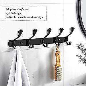 MOKANI Coat Rack Wall Mounted 2 Pack, Stainless Steel Wall Coat Hooks, Heavy Duty Metal Hook Rack Rail for Hanging Clothes Towel Coat Hat Key Robes Entryway Bathroom Kitchen (5 Hooks,Black)