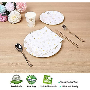 CONRADY 200 PCS Gold Star Disposable Party Dinnerware Set,25pcs Paper Plates, Dessert Plates, Paper Cups,Plastic Cutlery Set(Knives,Forks,Spoons) and 50pcs Napkins for Party Serves 25(Gold)