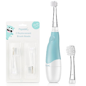 Papablic BabyHandy 2-Stage Sonic Electric Toothbrush for Babies and Toddlers Ages 0-3 Years, Bundle with Replacement Toothbrush Heads - 2 Count (18-36 Months)