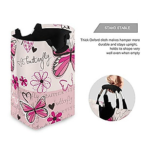 ALAZA Large Laundry Basket Pink Butterfly Laundry Bag Hamper Collapsible Oxford Cloth Stylish Home Storage Bin with Handles, 22.7 Inch